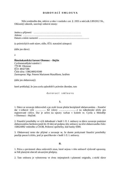 Vzor darovací smlouvy :: Oprava-hejcinskych-varhan